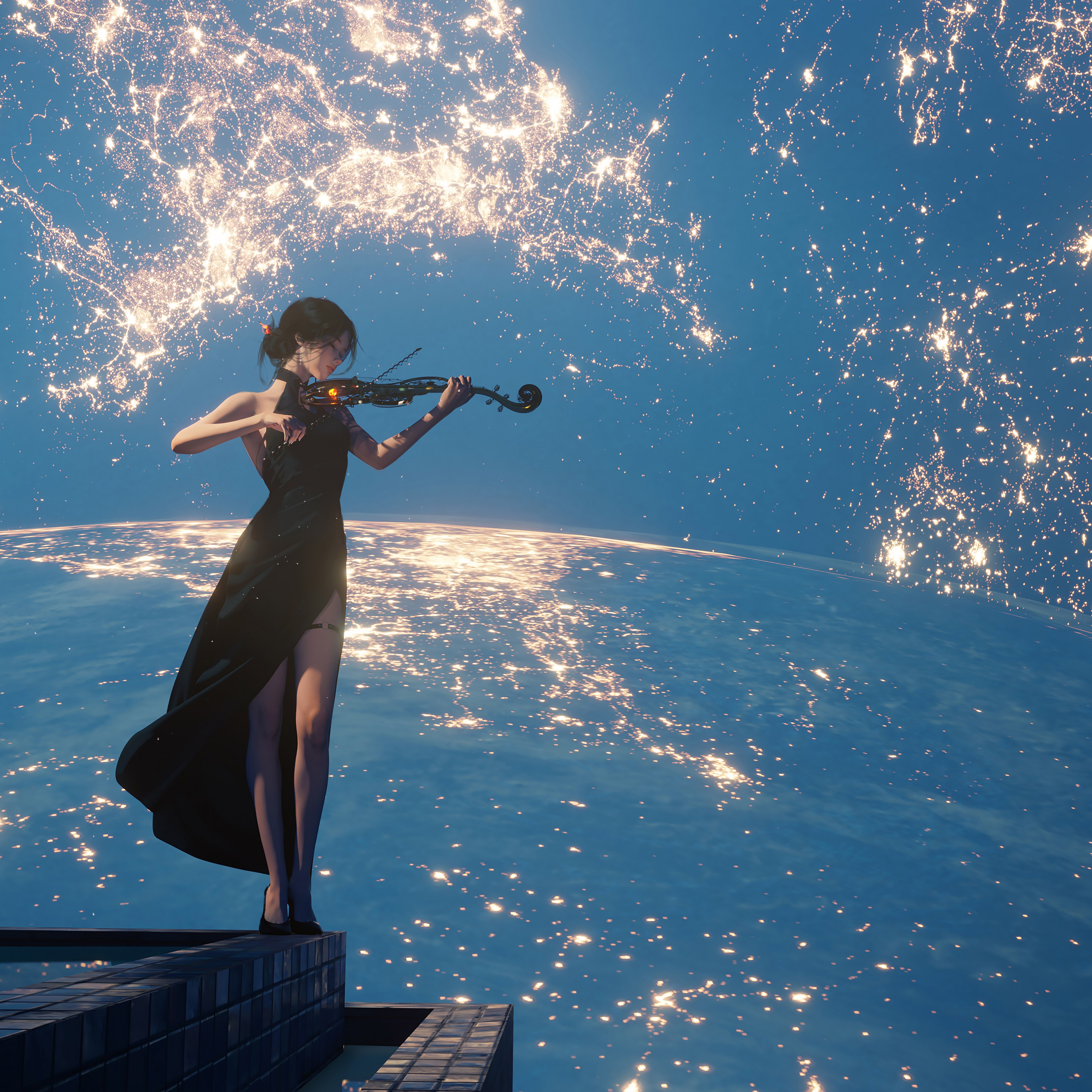 Girl Violin Planet Digital Art Wallpaper - 3840x3840