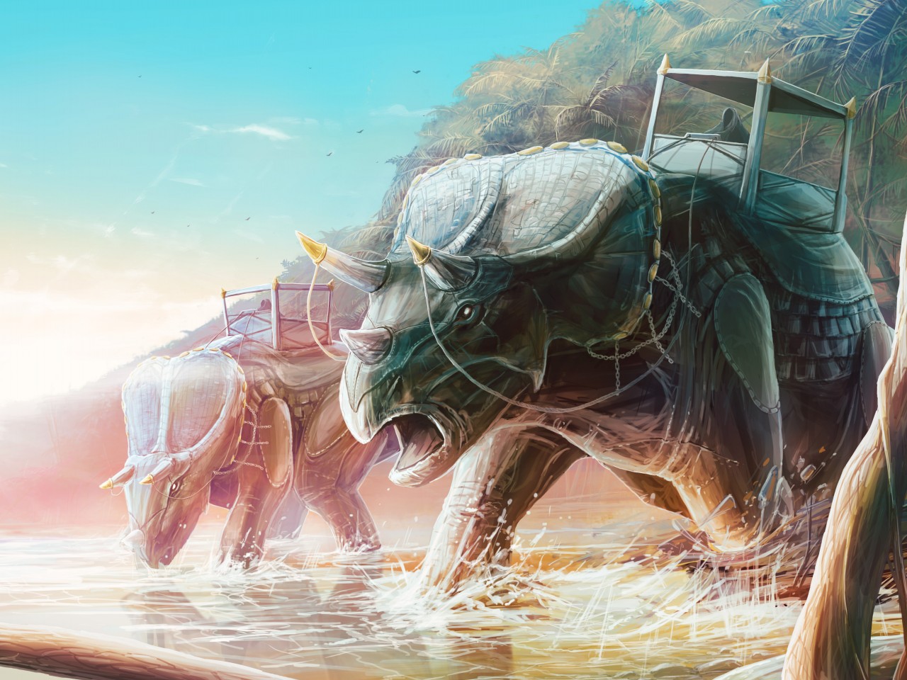 1280x960 Hunting Dinosaurs Triceratops Art Wallpaper