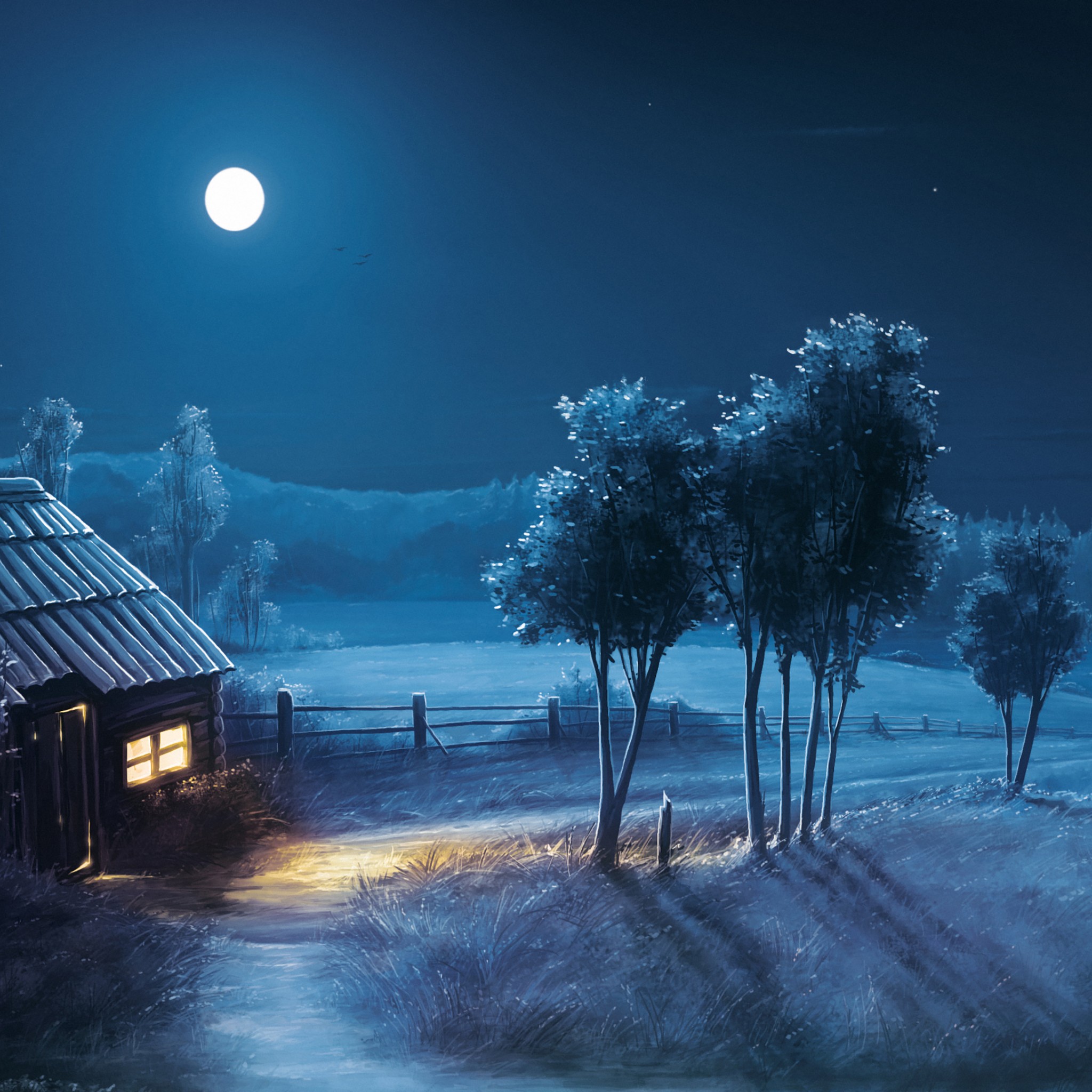 Nature Blue Night House Moon Wallpaper - 2048x2048