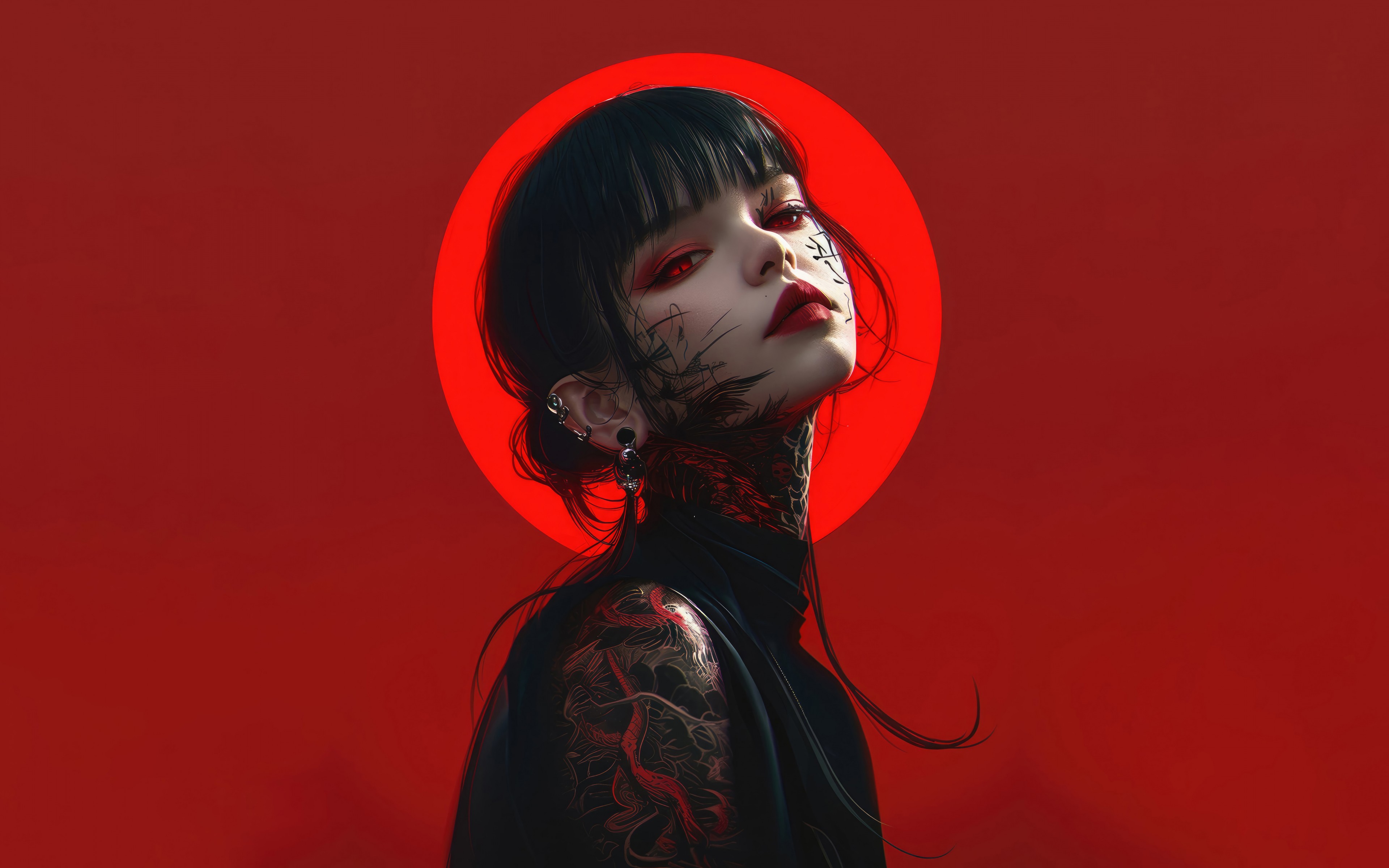 Anime Girl Tattoo Red Eyes Art Wallpaper 3840x2400