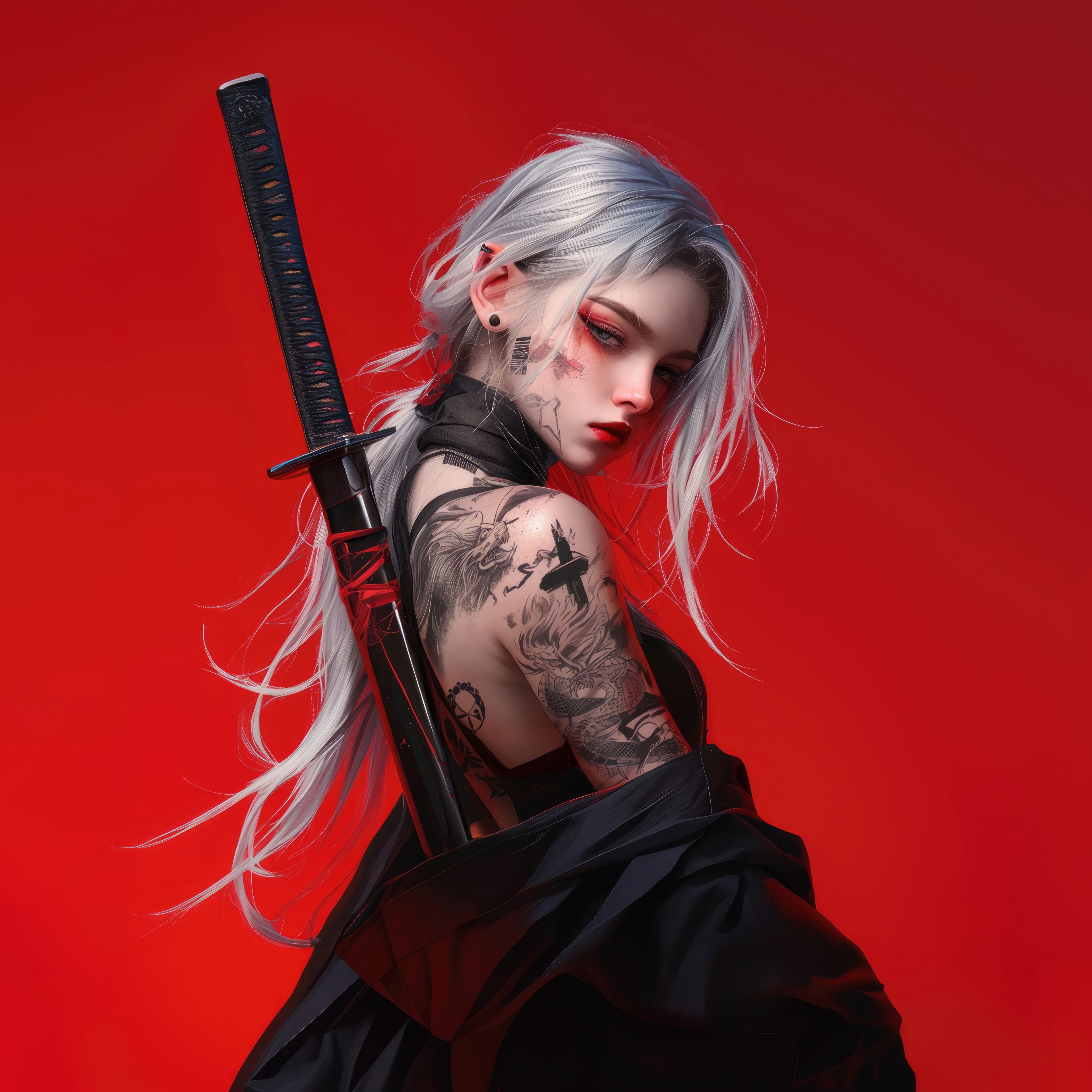 Concept Art Anime Girl Tattoo Katana Wallpaper - 3840x3840 Resolution
