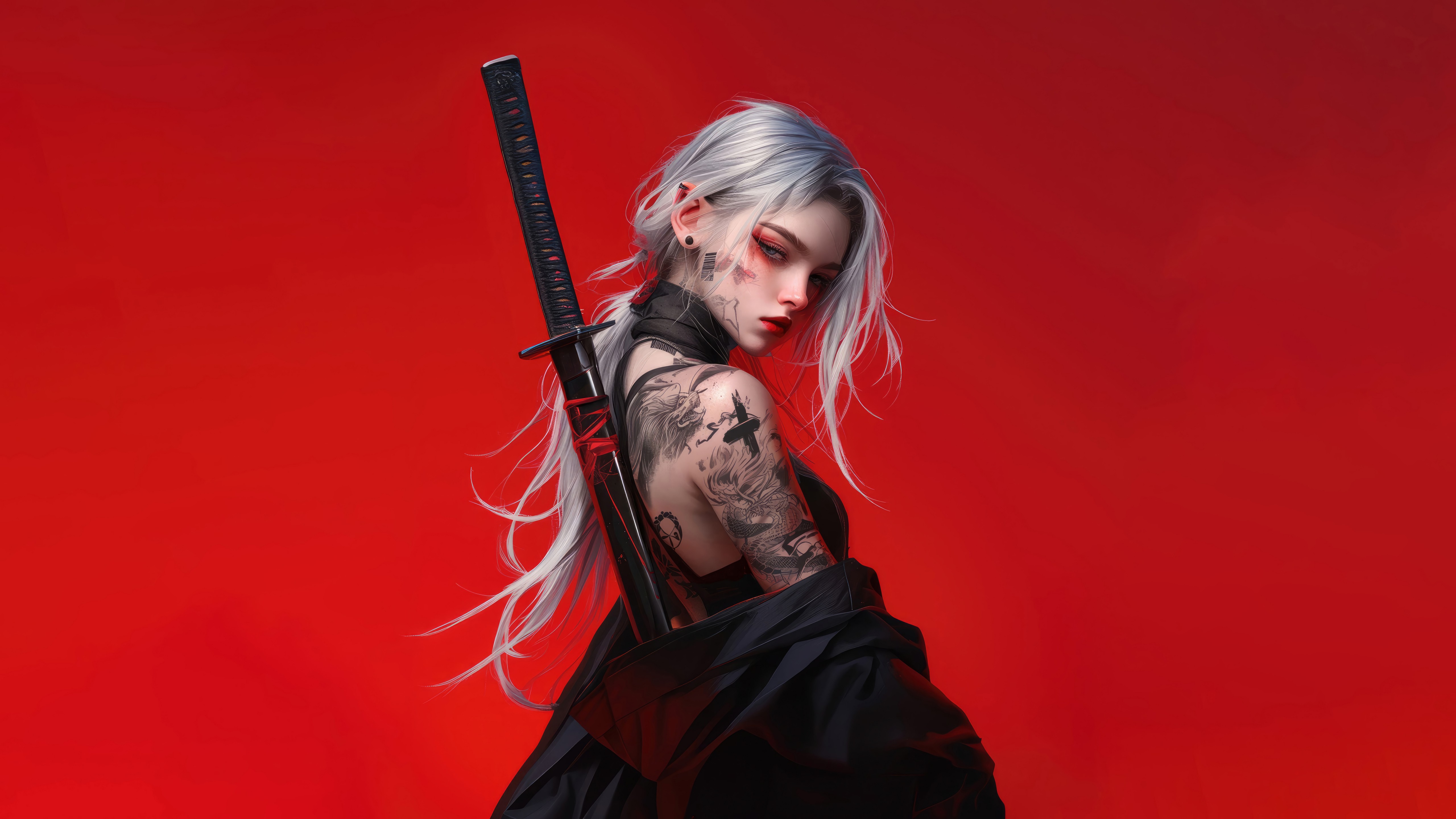 Concept Art Anime Girl Tattoo Katana Wallpaper - 5120x2880 Resolution