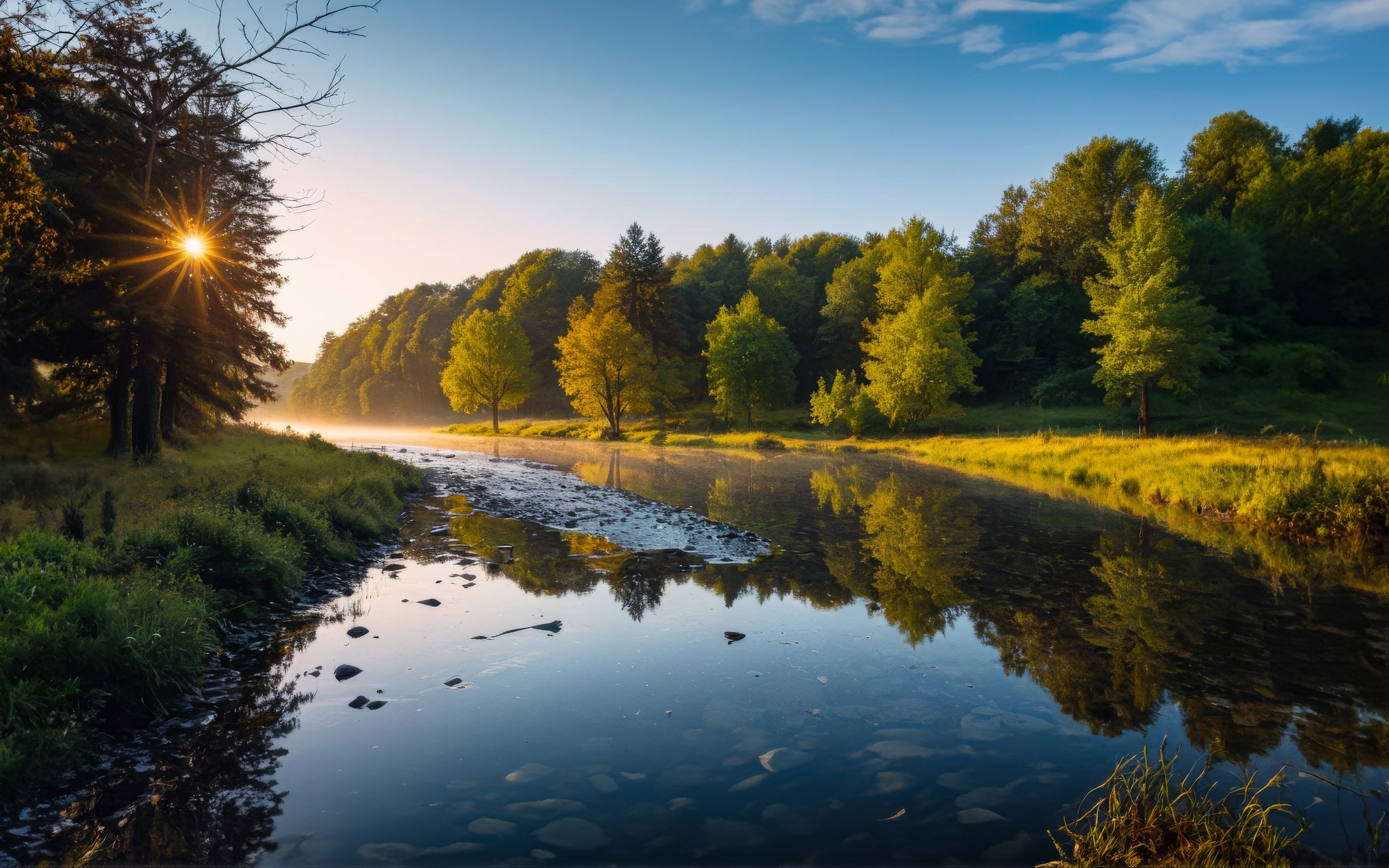 Nature Trees Sun River Scenery Wallpaper - 2880x1800 Resolution