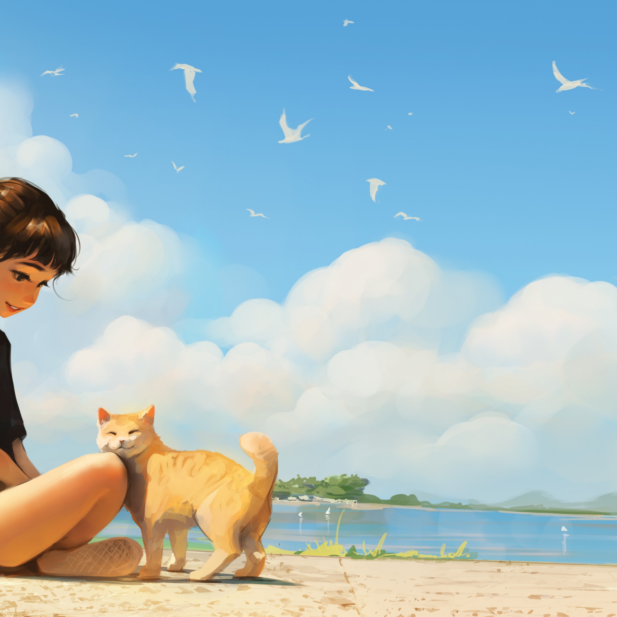 Anime Girl Cat Beach Clouds Wallpaper - 2048x2048