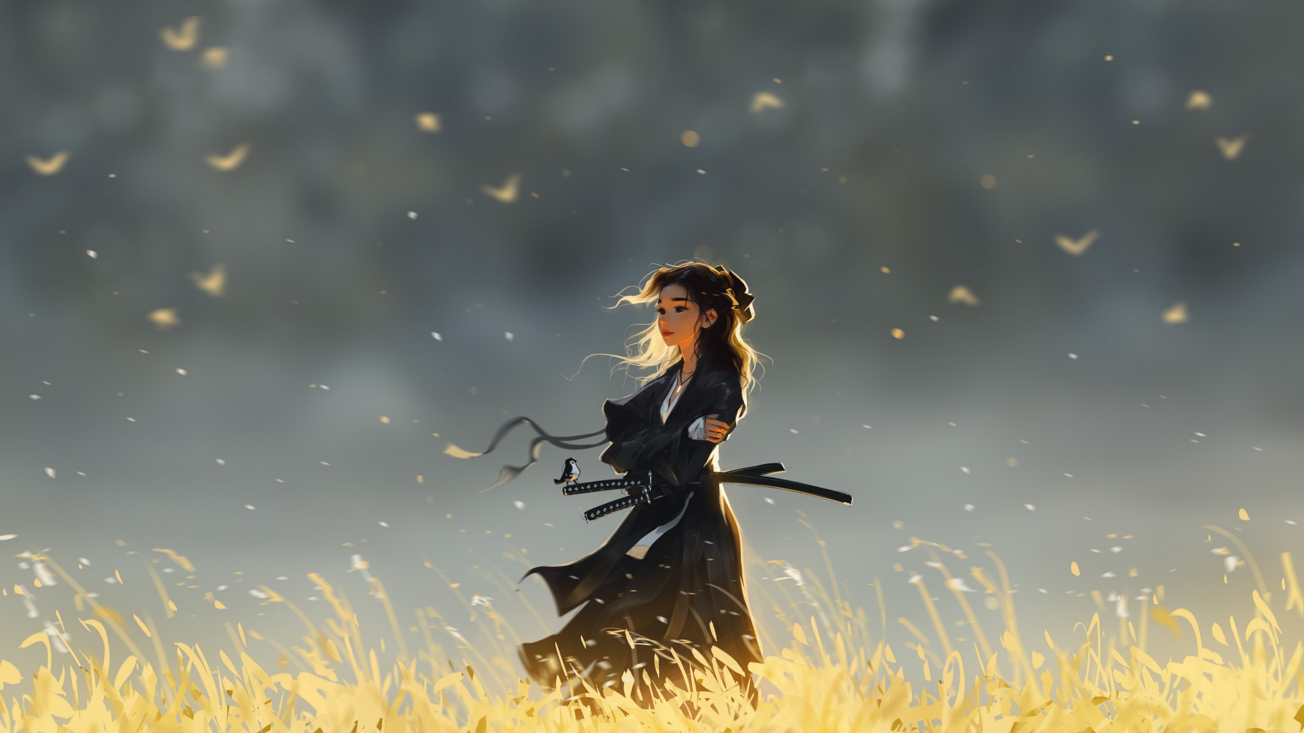 Samurai Girl Sword Bird Field Art Wallpaper - 2560x1440 Resolution