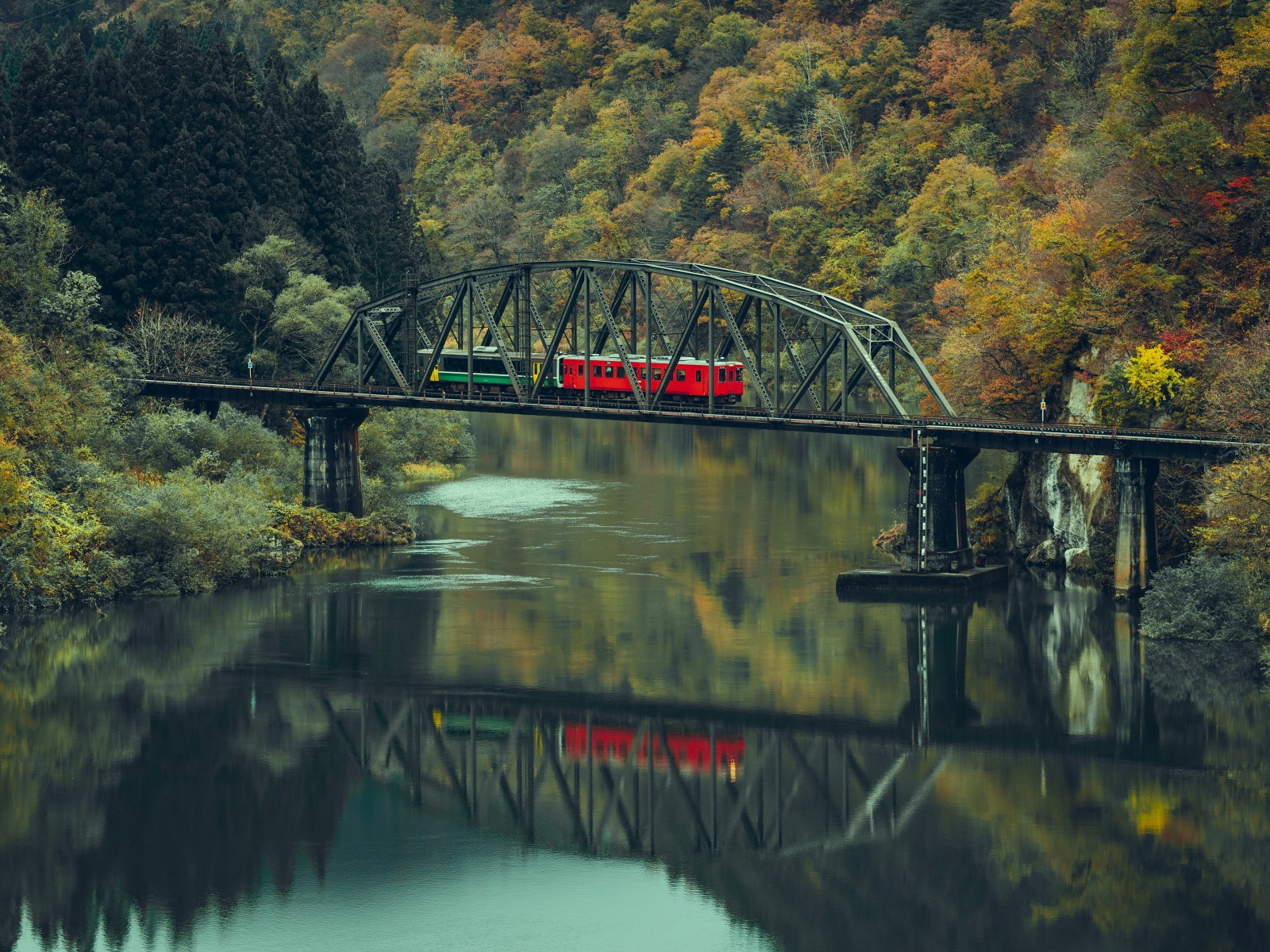 Japan Tadami River Forest Train Wallpaper - 1600x1200 Resolution