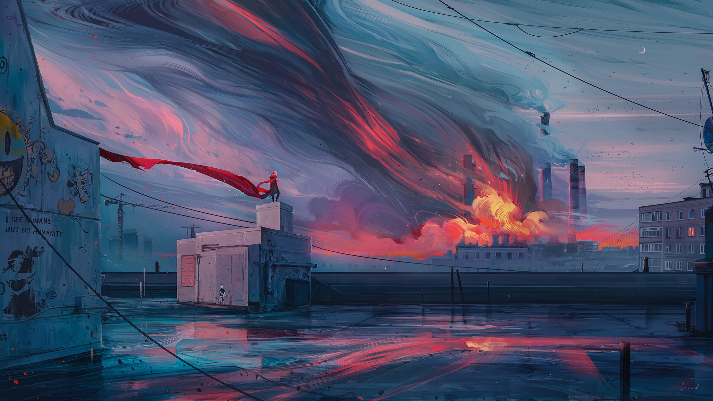 Urban Factory Cityscape Graffiti Fire Wallpaper - 2880x1620 Resolution
