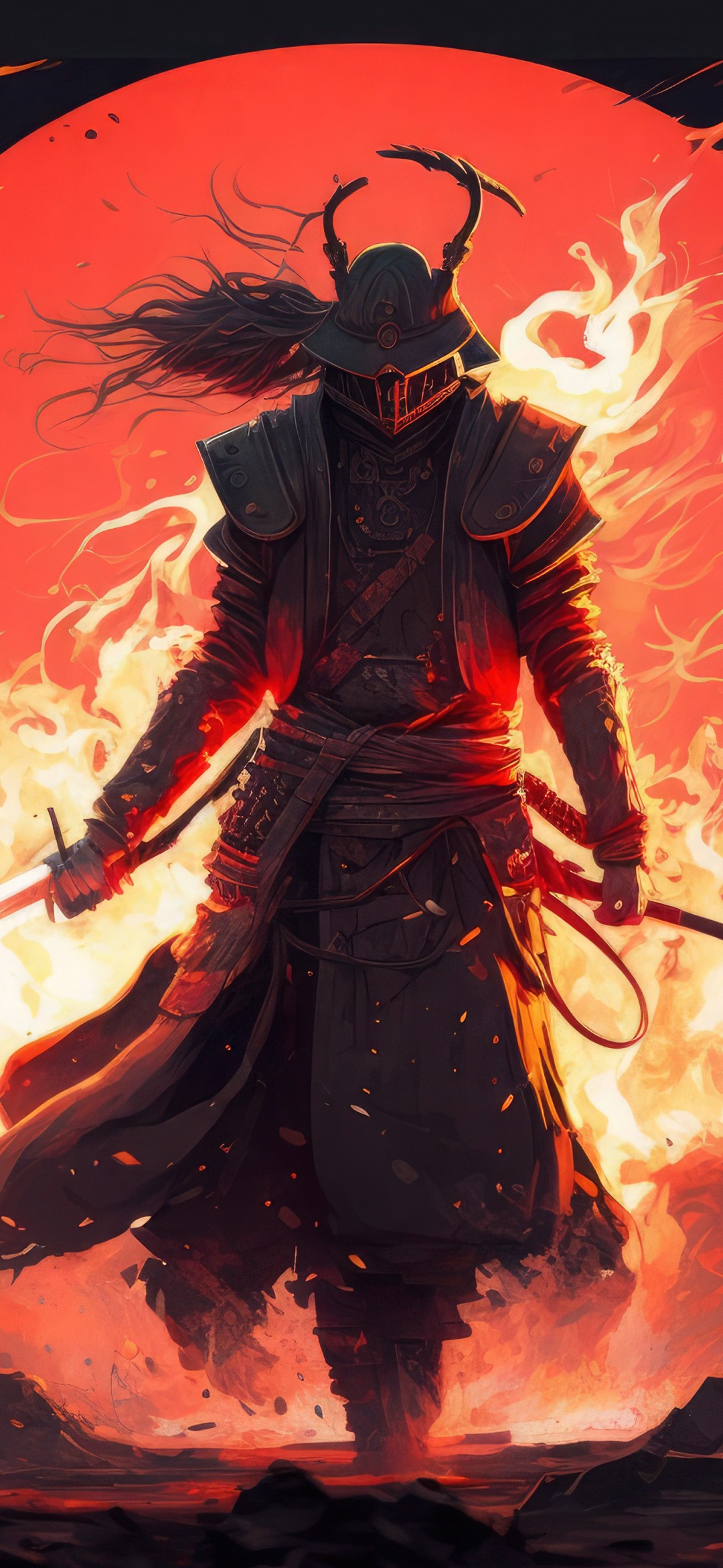Samurai Warrior Katana Fire Sword Wallpaper - 1080x2340