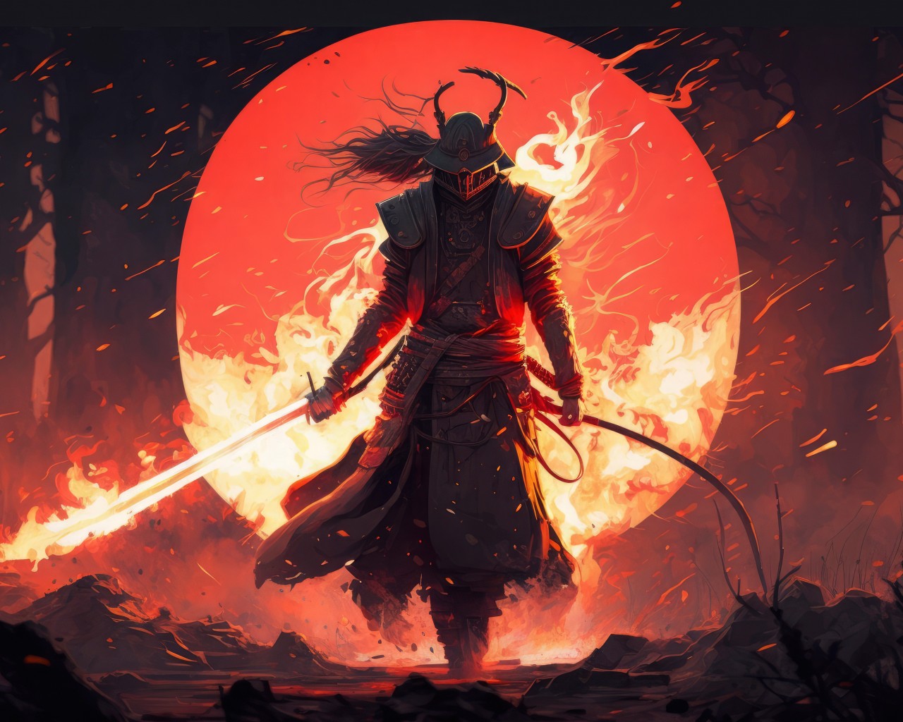 Samurai Warrior Katana Fire Sword Wallpaper - 1280x1024