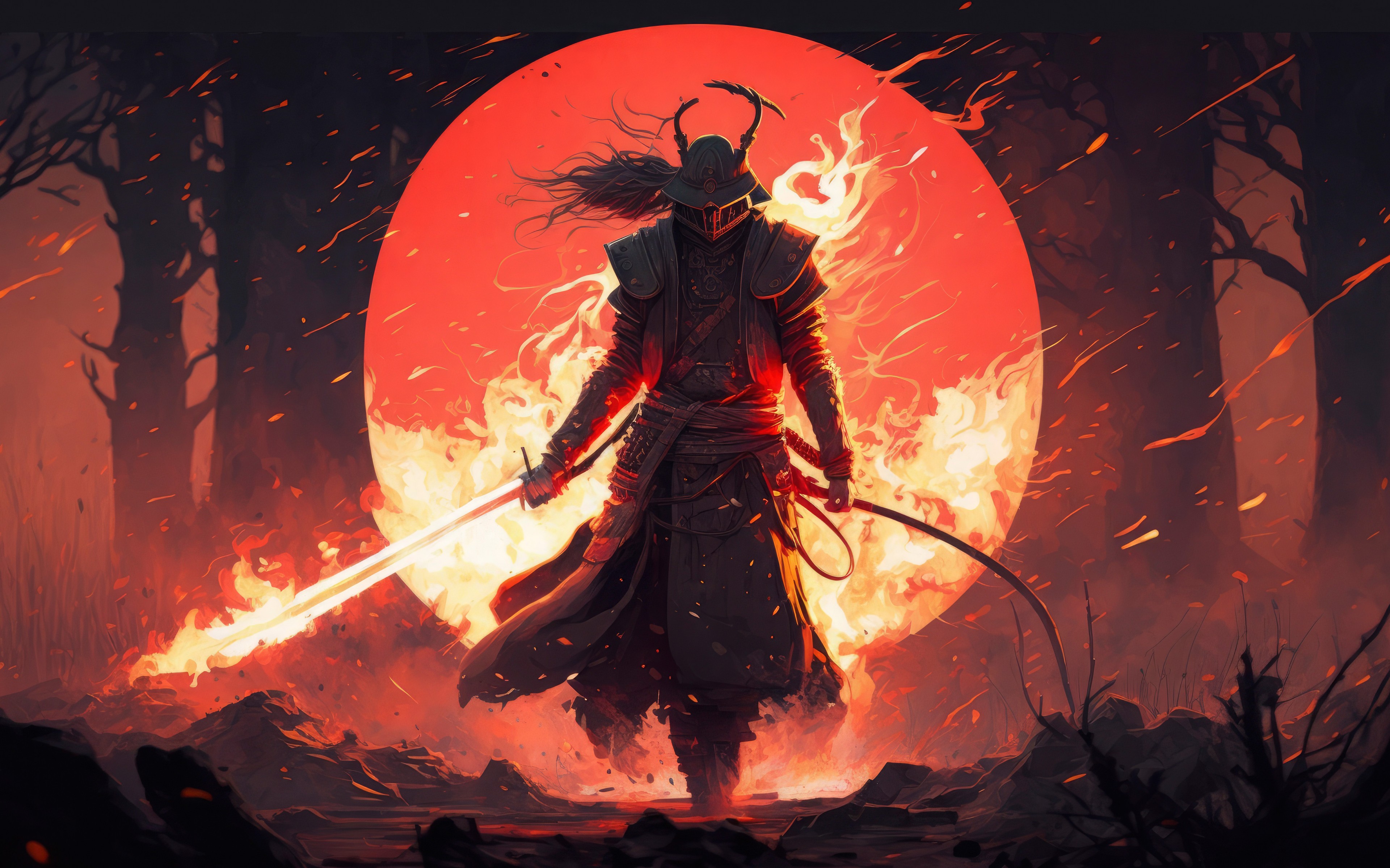 Samurai Warrior Katana Fire Sword Wallpaper - 3840x2400