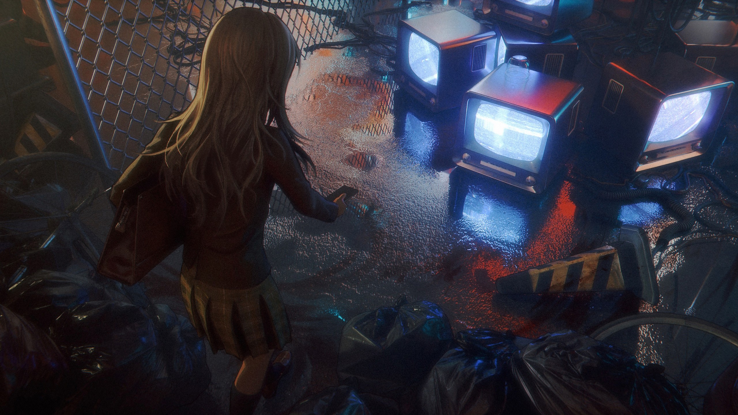 Anime Girl CRT Retro Monitor Scene Wallpaper - 2560x1440 Resolution