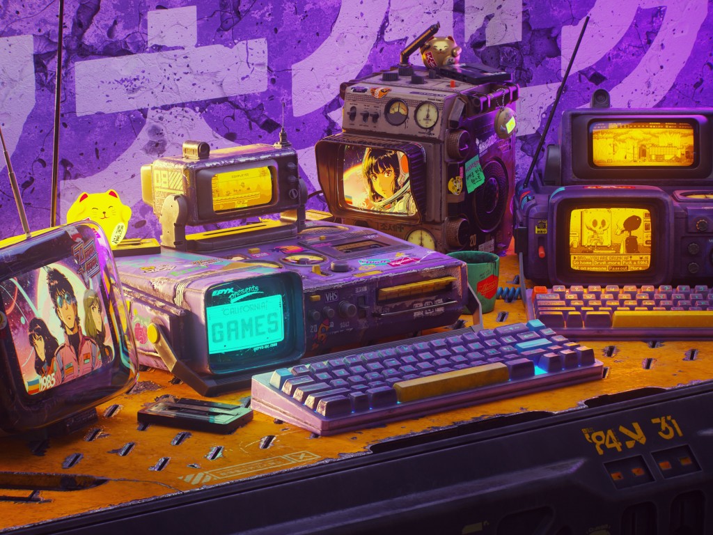 Futuristic Retro Gaming Desk Art Wallpaper - 1024x768