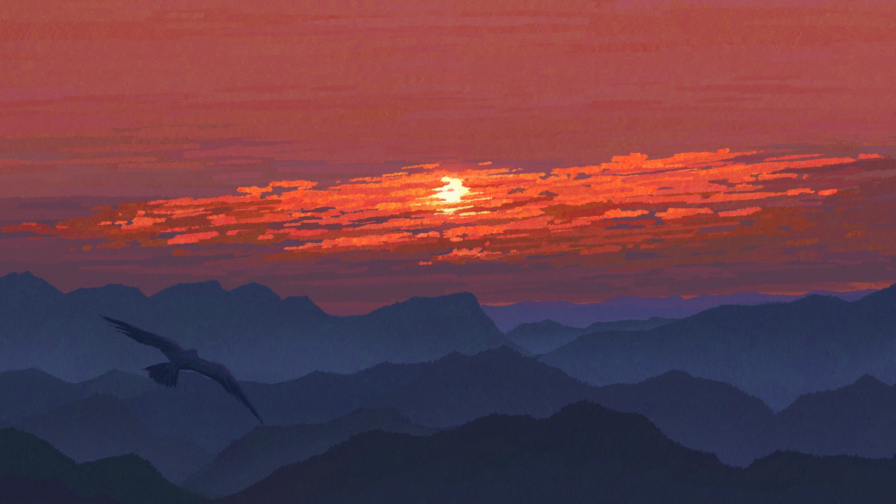 Sunset Mountains Bird Red Sky Art Wallpaper - 2880x1620 Resolution