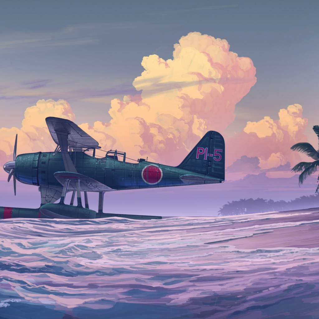 1024x1024 Airplane Palm Trees Sea Waves Clouds Wallpaper