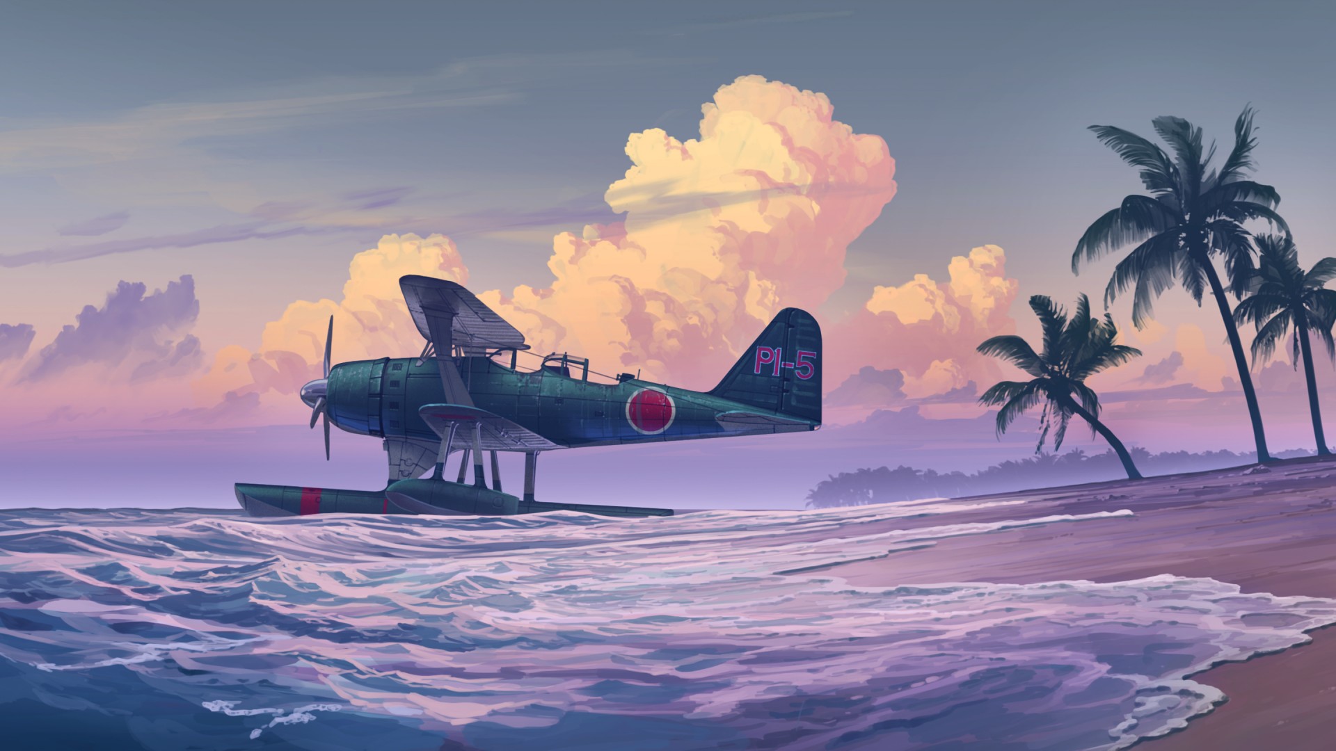 Airplane Palm Trees Sea Waves Clouds Wallpaper - 1920x1080 Resolution